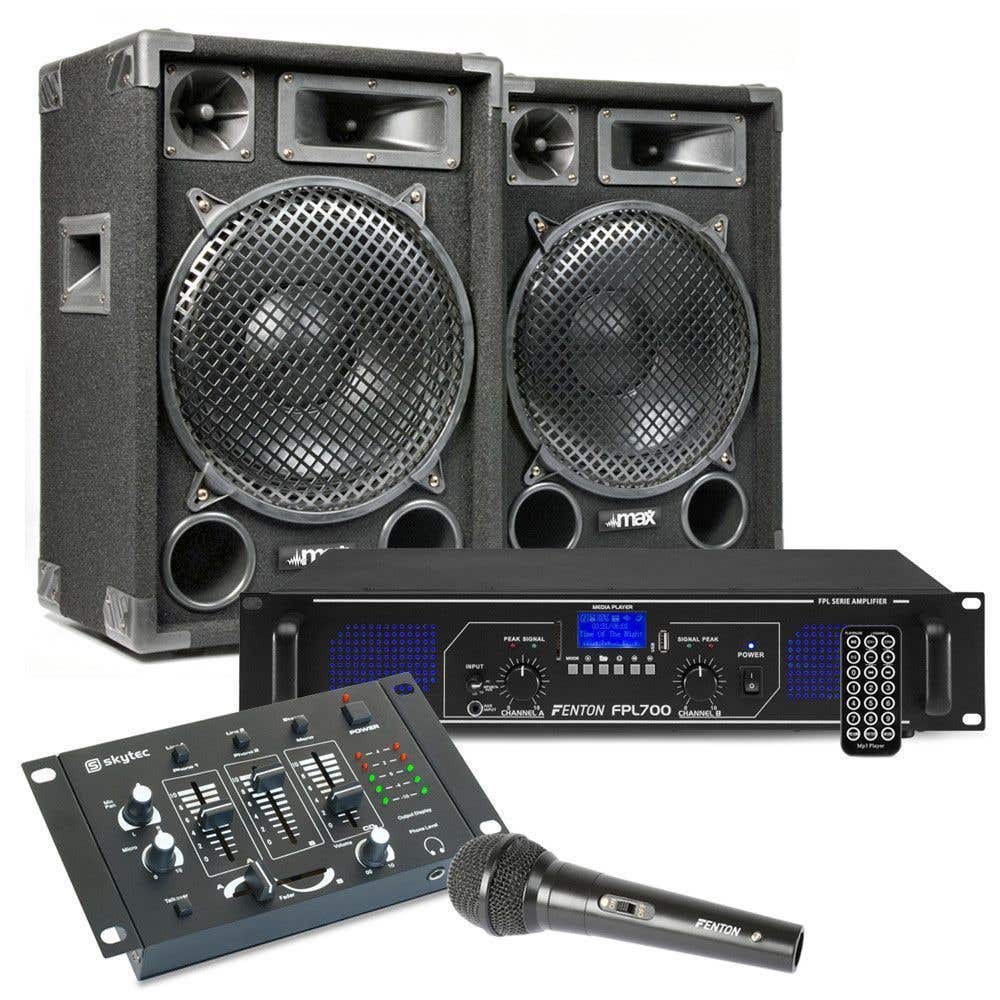MAX12 DJ set met o.a. speakers, versterker en mixer - 1400W kopen?