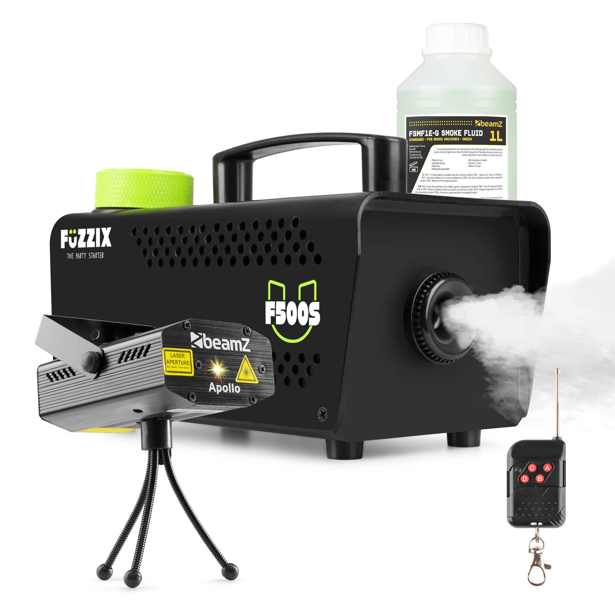 Fuzzix F500S rookmachine set met 1L rookvloeistof en party laser